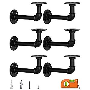LuckIn Pipe Shelf Brackets for DIY 8 10 12 14 Inch Floating Shelves, Industrial Iron Pipe Bracket, Heavy Duty Metal Shelving Brackets, Black, 6-Pack