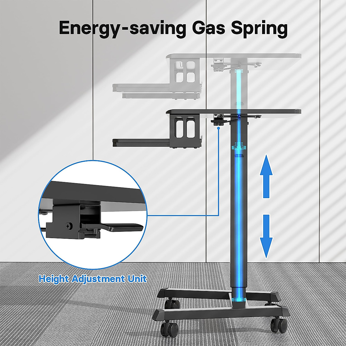 BONTEC Mobile Standing Desk with Keyboard Tray, Mobile Podium, Computer Workstation Up to 33Lbs, Laptop Sit or Stand Desk on Wheels, Height Adjustable Stand Up Table for Living Room, Bedroom, Office