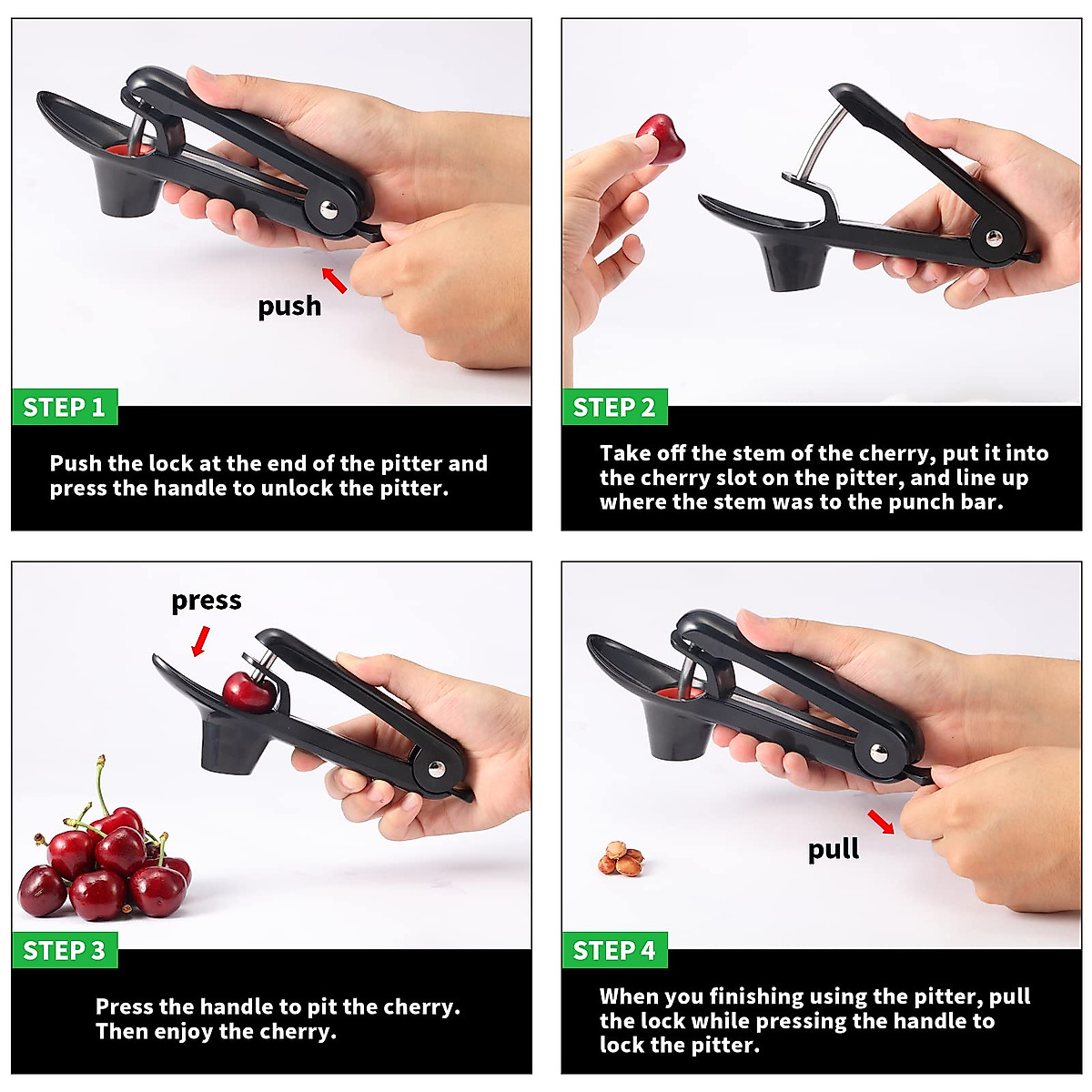 2 Packs Cherry Pitter Tools, Cherry Seed Core Remover Olives Pitter Tool, Stainless Steel Cherries Corer with Space-Saving Lock Design (Black & Green)