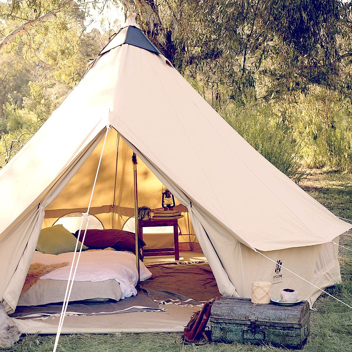 Psyclone Tents Fixed Floor 4m/13.12ft Luxury Bell Tent Outdoor All Weather 6-8 Person Cotton Canvas Yurt Medium Tent for Family Camping Glamping Hiking and Festivals