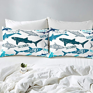 Shark Comforter Cover Set Cartoon Shark Print Sealife Duvet Cover for Kids Boys Girls Teens Underwater World Marine Life Ocean Theme Microfiber Bedding Set Decor 3Pcs Quilt Cover Queen