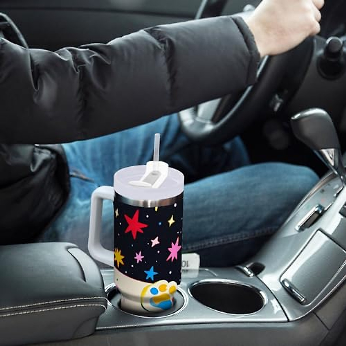 Nexawaveo Animal Paws Stars Stainless Steel Tumbler with Handle and Straw Fits in Standard Cup Holder Iced Coffee Cups for Smoothie Cocktail Beer Soda Fruit Juice
