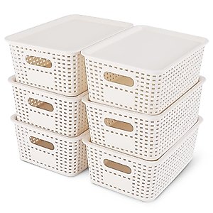 Plastic Storage Baskets With Lid Stackable Home Storage Bins for Organizing Shelves Drawers Desktop Closet, White, 6 packs