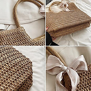 QTKJ Summer Beach bag, Handwoven Straw Bag, Soft Large Beach Tote Boho Beach Shoulder Hand Bag, Woven Bag for Women Vacation Travel, Daily(Khaki)