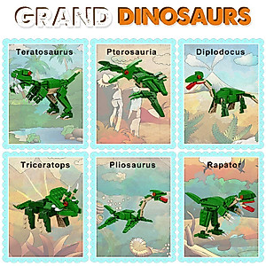 GARUNK 6 in 1 Mighty Dinosaurs Building Blocks Set, Build It Yourself Dinosaur Set, Create a Ceratosaurus, Pterosaur, Diplodocus, Triceratops, Allosaurus, Raptor, for Kids (673 Pieces)