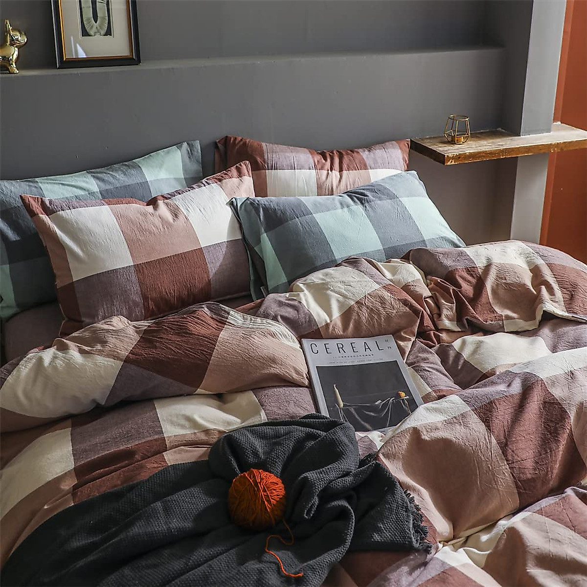 NSNLGSGC Khaki Plaid Cotton Duvet Cover Set Twin, Rust Buffalo Checkered Washed Cotton Bedding Set,Caramel Plaid Durable & Breathable Comforter Cover Set(2PCS, Twin)