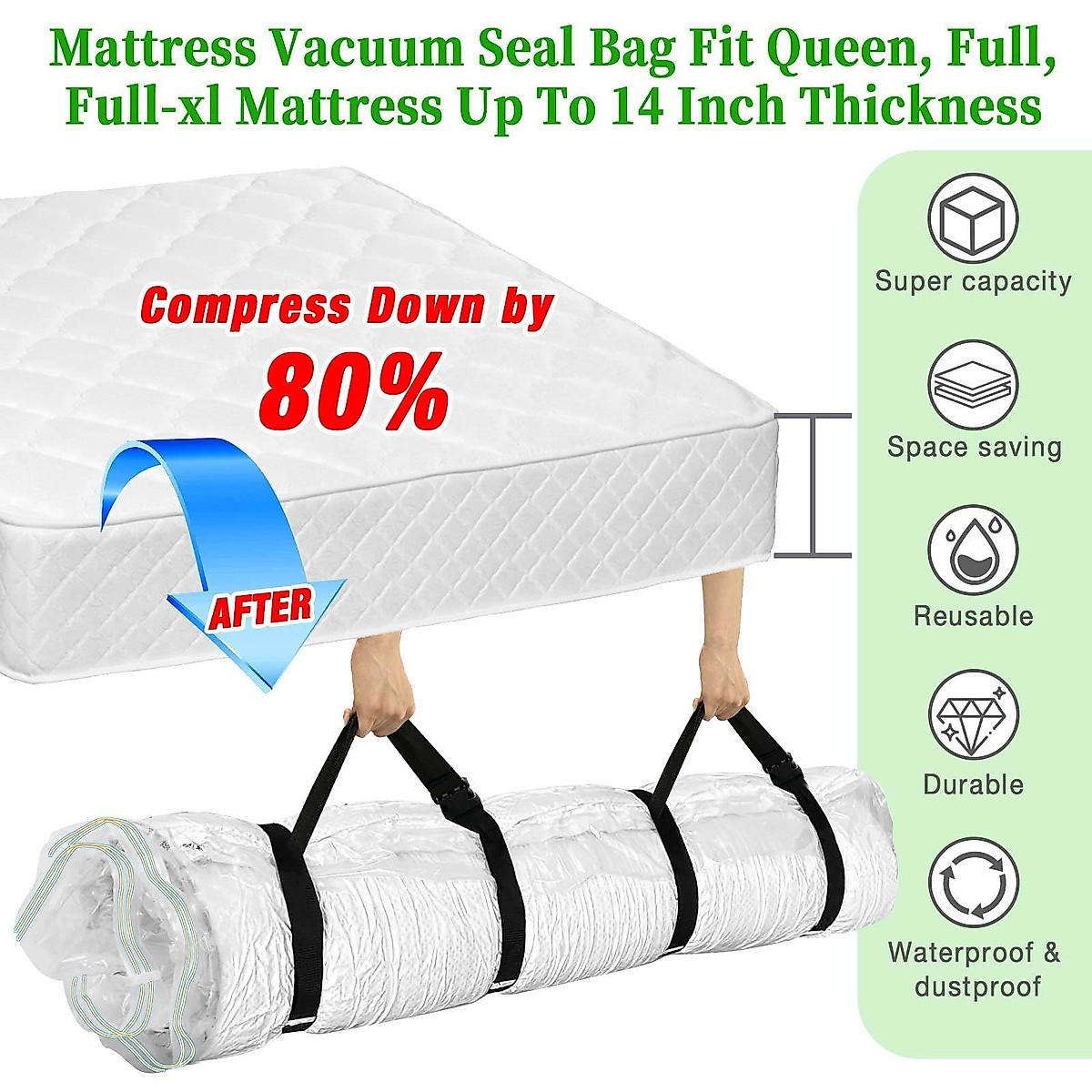 Westale Mattress Vacuum Bag Queen/Full/Full-XL New Upgraded Straps for Moving Leakproof Double Zip Seal Mattress Compression Vacuum Storage Bags Space Saver for Memory Foam & Latex Mattress
