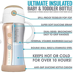 L.A. Baby Ultimate Stainless Steel Insulated Straw Sippy Cup | 9oz Toddler Water Bottle with Straw | Insulates 10+ Hours | Medical Grade Stainless Steel | Spill-Proof Design - Rose Gold