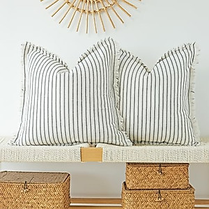 JOJUSIS Pack of 2 Striped Throw Pillow Covers with Fringe for Sofa Couch Bedroom Farmhouse Pillowcase 18 x 18 Inch Black