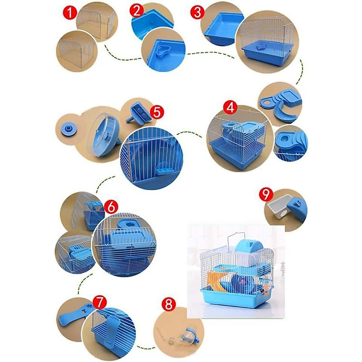 Zhang Ku 2-Tier Portable Travel Cage for Small Animals, Dwarf Hamster Travel Carrier with Carry Handle Exercise Wheel Water Bottle and Food Dish, 6.7 x 11.8 x 9.1 Inch (Blue) (SSS441)