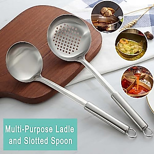 Pleafind 2-Pcs Ladle and Slotted Spoon, Soup Ladle and Strainer, Stainless Steel Cooking Utensils, Wok Utensils for Home and Restaurant, Dishwasher Safe