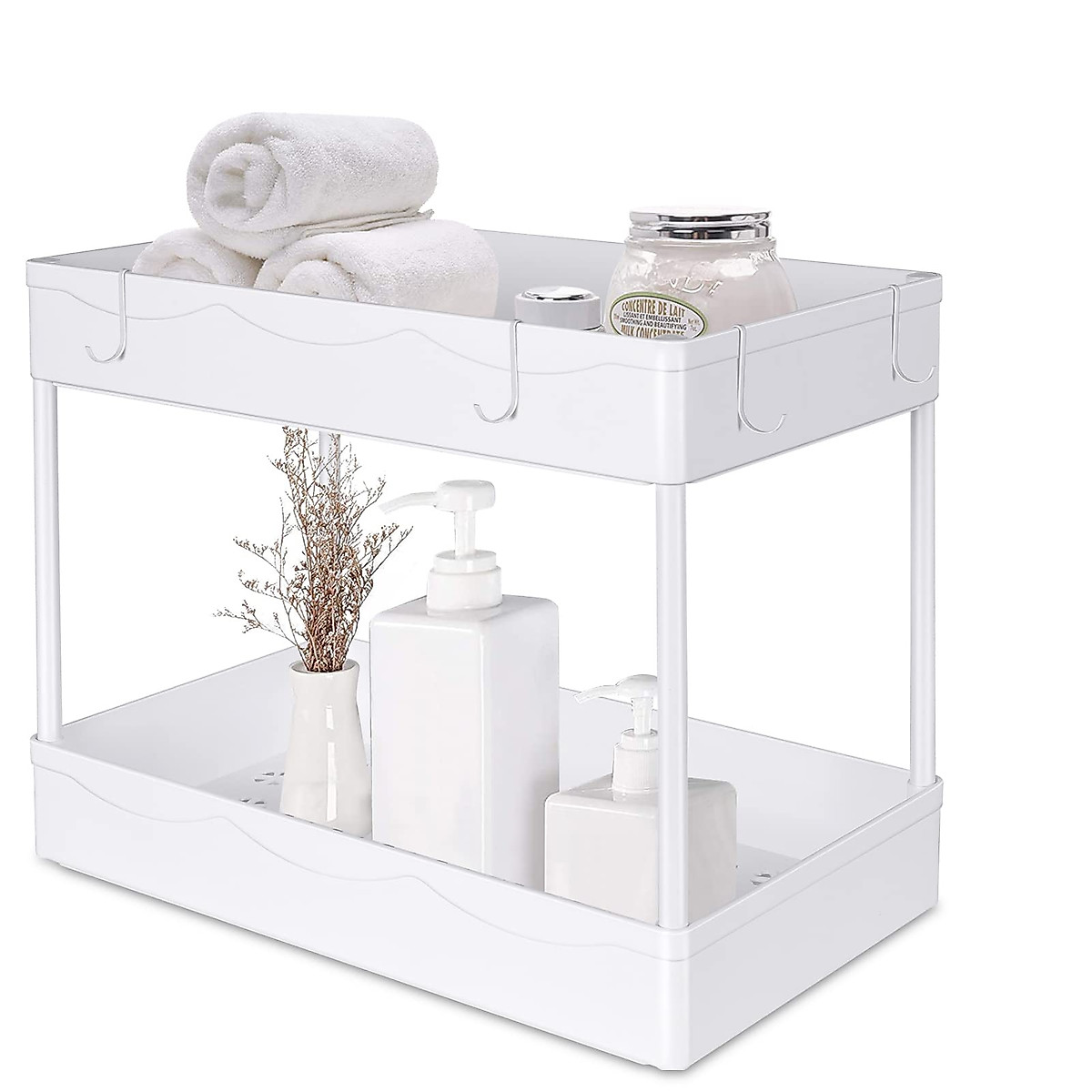 Under Sink Organizers and Storage,Under The Bathroom Sink Storage,2 Tier Under Sink Shelf with 4 Hooks,Bathroom and Kitchen Countertop Standing Rack,Under Sink Organizer for Bathroom Kitchen,White