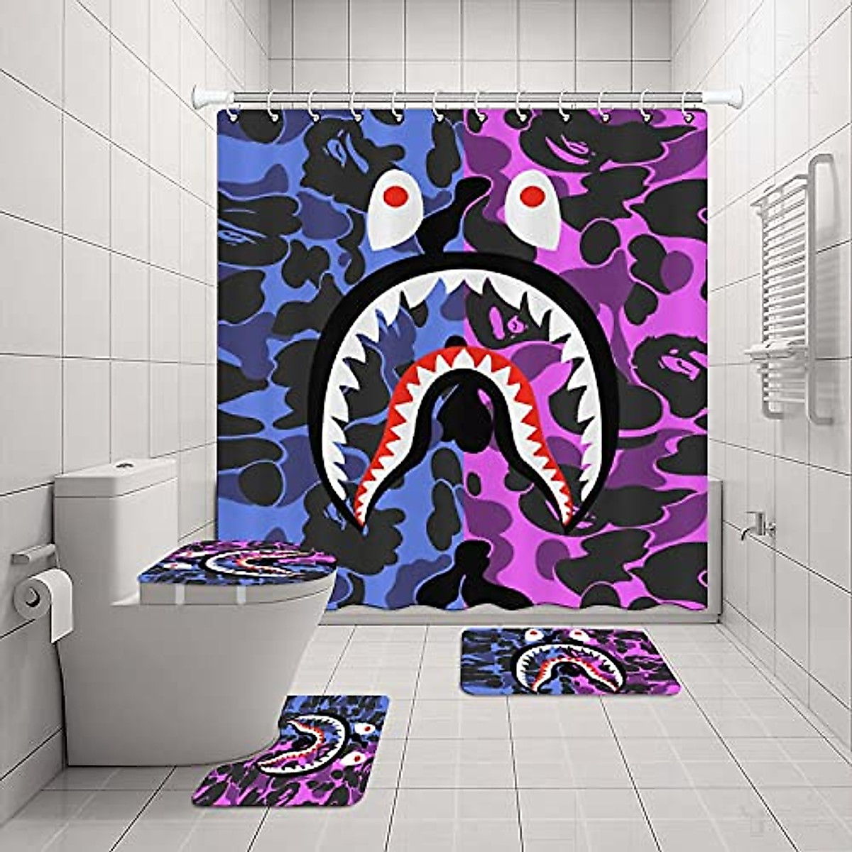 APEIHVG Fashion 4 Pcs Shower Curtain Sets Non-Slip Rugs, Toilet Lid Cover Contour Mat and Bath Mat Waterproof Bath Curtain with 12 Hooks Shark Mouth Teeth Bathroom Decor Set