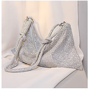 UMREN Rhinestone Hobo Bags for Women Chic Evening Handbag Sparkly Crystal Cluth Purse for Party Club Wedding Silver