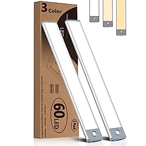 3 Color Temperatures Motion Sensor Closet Light, 60-LED Under Cabinet Lighting, Wireless USB Rechargeable Battery Powered Operated Lights, Magnetic Motion Activated Kitchen Cupboard Night Light-2 Pack