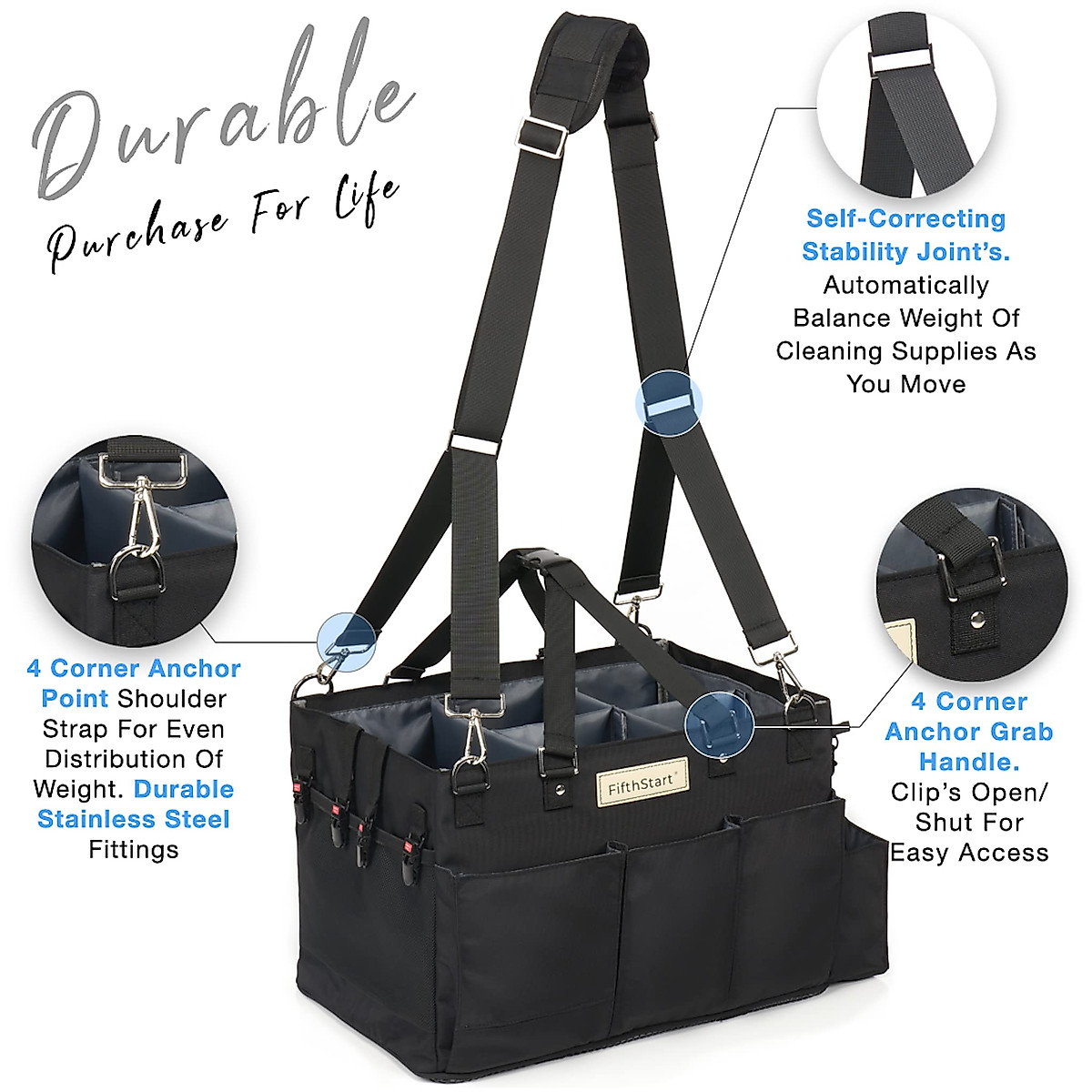 FifthStart Wearable Cleaning Caddy, A Cleaning Supplies Organizer With 4 Corner Shoulder Strap & Removable Waist Strap. Professional Cleaning Caddy Organizer With Handle: (Black, X-Large)