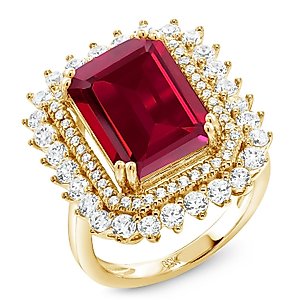 Gem Stone King 18K Yellow Gold Plated Silver Red Created Ruby Ring For Women (5.60 Cttw, Emerald Cut 14X10MM, Available In Size 5, 6, 7, 8, 9)