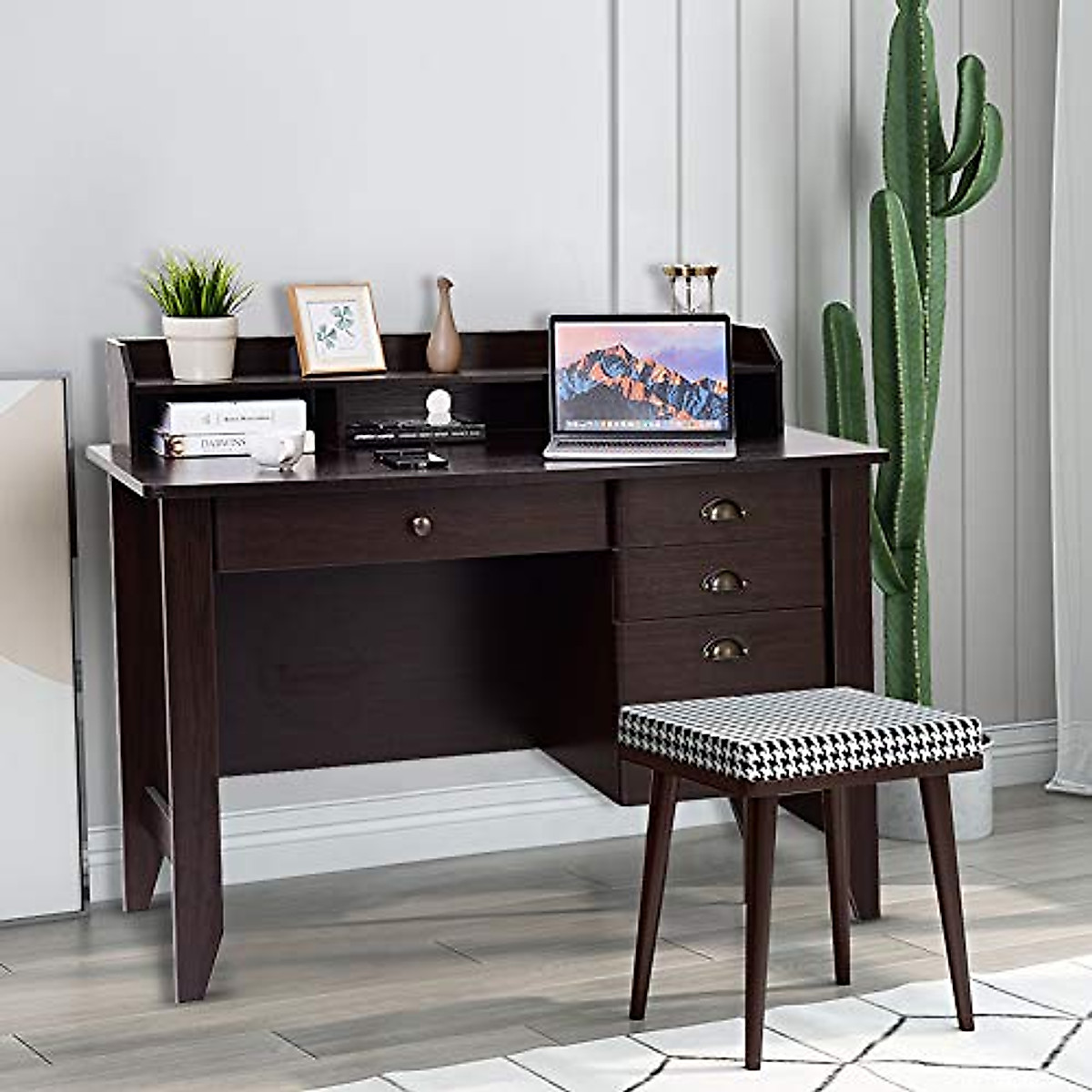 WATERJOY 48" Computer Desk with 4 Storage Drawers and Hutch Wood Executive Table for PC Laptop Table