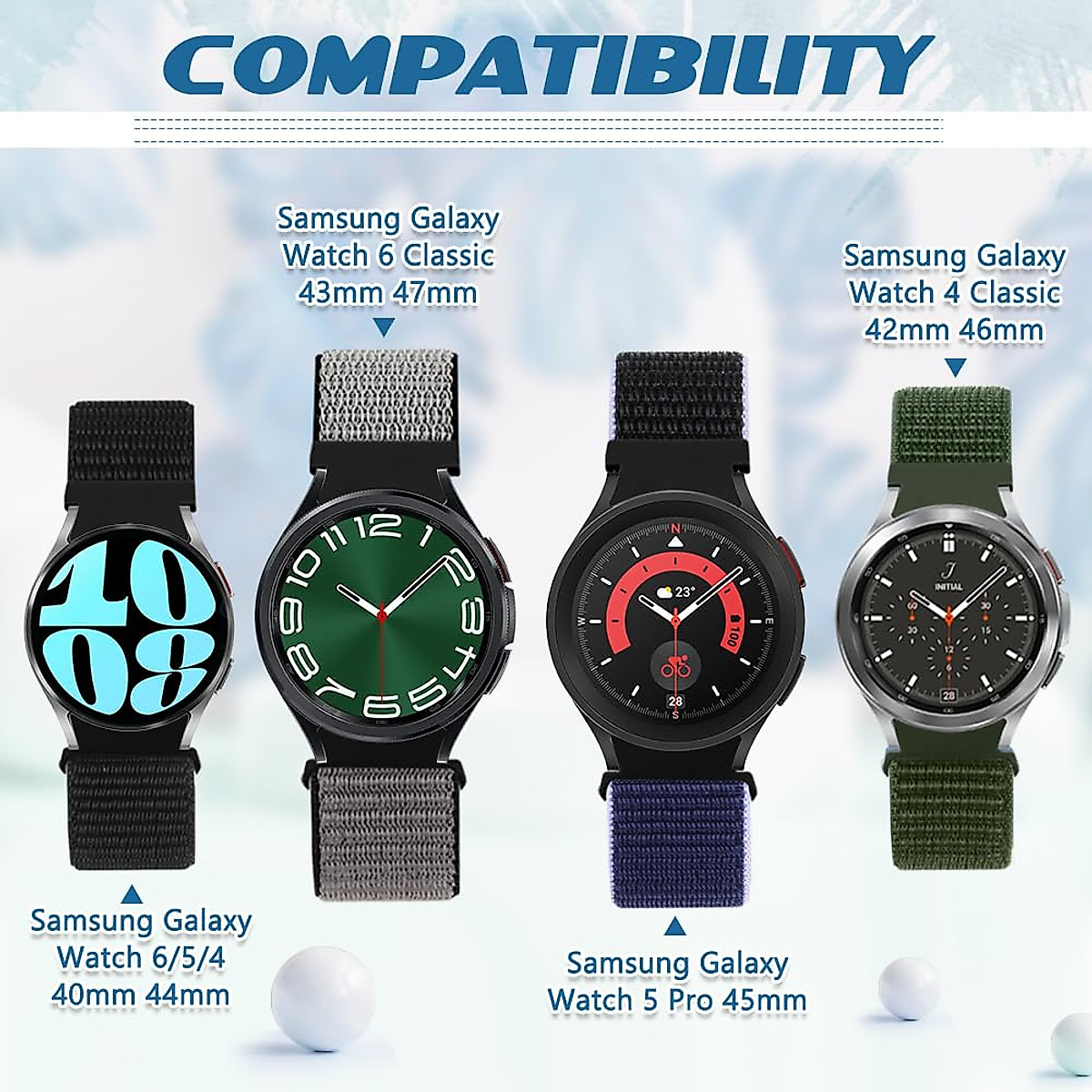 Bcuckood Nylon Loop Compatible with Samsung Galaxy Watch 6/5/4 40mm 44mm/Watch 6 Classic 43mm 47mm/Watch 5 Pro 45 mm/Watch 4 Classic 42mm 46mm, Sport Nylon Breathable Replacement Straps for Women Men