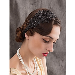 SWEETV Black Rhinestone Flapper Headband-Elastic 1920s Headpiece, Great Gatsby Hair Accessories for Women