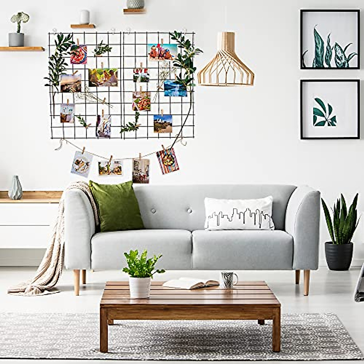 elkayconcepts Wire Wall Grid Panel, Set of 2 with Accessories, Photo Grid, Polaroid Hanging Metal Grid Wall Decor, Wire Wall Grid Organizer, Above Desk Wall Organizer (Black, 25" x 17")