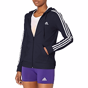 adidas Women's Essentials Single Jersey 3-Stripes Full-Zip Hoodie, Legend Ink/White, Medium
