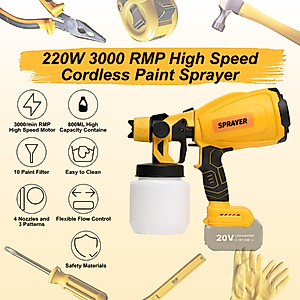 GlowSpark Cordless Paint Sprayer for Dewalt 20V Battery (Battery Not Included), HVLP Paint Sprayer Gun with 4 Copper Nozzles & 3 Spray Patterns, 10 Funnel Paper for Home, Wall, Fence, Floor, DIY