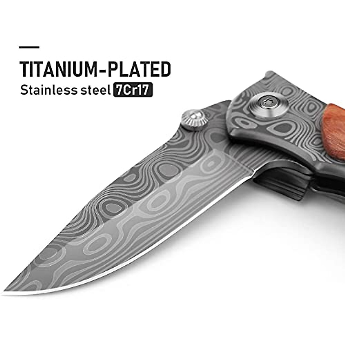 GVDV Pocket Folding Knife with 7Cr17 Stainless Steel, Tactical Knife for Camping Hunting Hiking, Safety Liner-Lock + Belt Clip, Wooden Handle, Father’s Day Gifts for Men Husband Dad