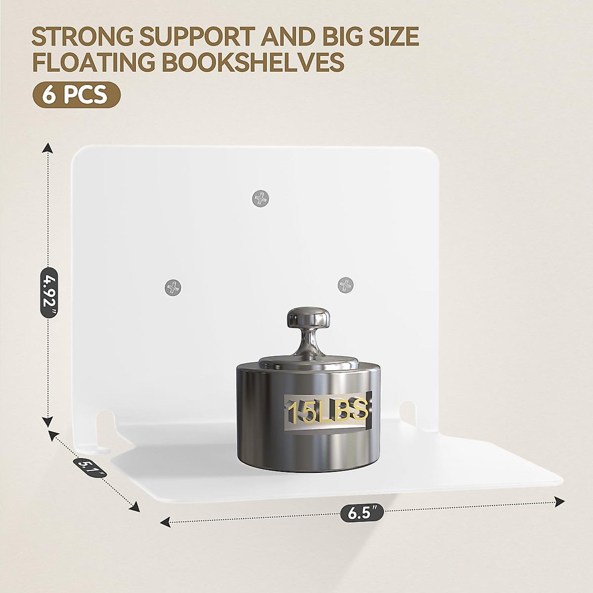 Invisible Floating Bookshelves for Wall, Set of 6 Heavy-Duty Floating Bookshelf Wall Mounted, Large Size Iron Wall Shelves Book Shelf Organizer for Bedroom Living Room Office Wall Decor (White)