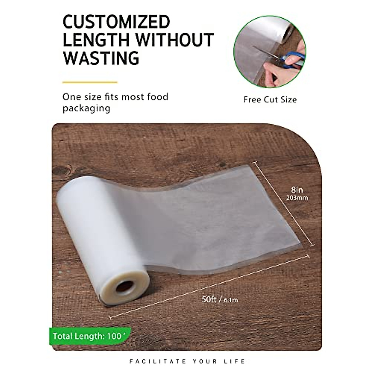 Syntus Vacuum Sealer Bags for Food, 2 Rolls 8" x 50' Commercial Grade Bag Rolls, Food Vac Bags for Storage, Meal Prep or Sous Vide