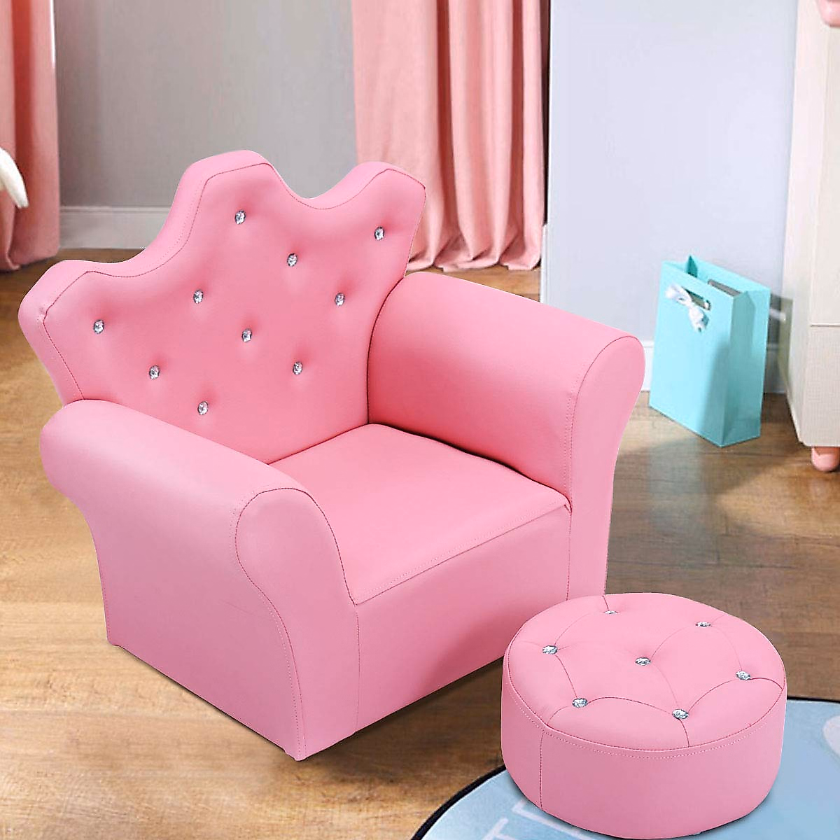 HONEY JOY Kids Sofa, Children Princess Upholstered Couch Armrest Chair with Ottoman, PVC Leather & Embedded Crystal, Toddler Bedroom Furniture for Baby Girl (Pink)