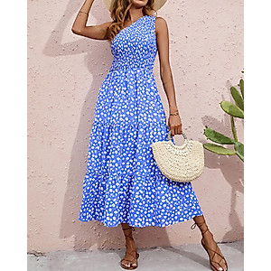 BTFBM Women Sleeveless Casual Dresses Summer Clothes One Shoulder Smocked High Waist Floral Flowy Long Beach Sun Dress(Floral Blue White, Medium)