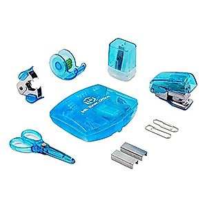 LD Products Blue Mini Office Supply Kit Portable Case with Scissors, Paper Clips, Tape Dispenser, Pencil Sharpener, Stapler & Staple Remover