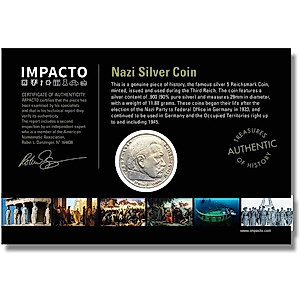 Authentic WW2 Memorabilia World Currency - One Nazi Coin of 5 German Marks Issued from 1936 to 1939 from The World War 2 - Third Reich