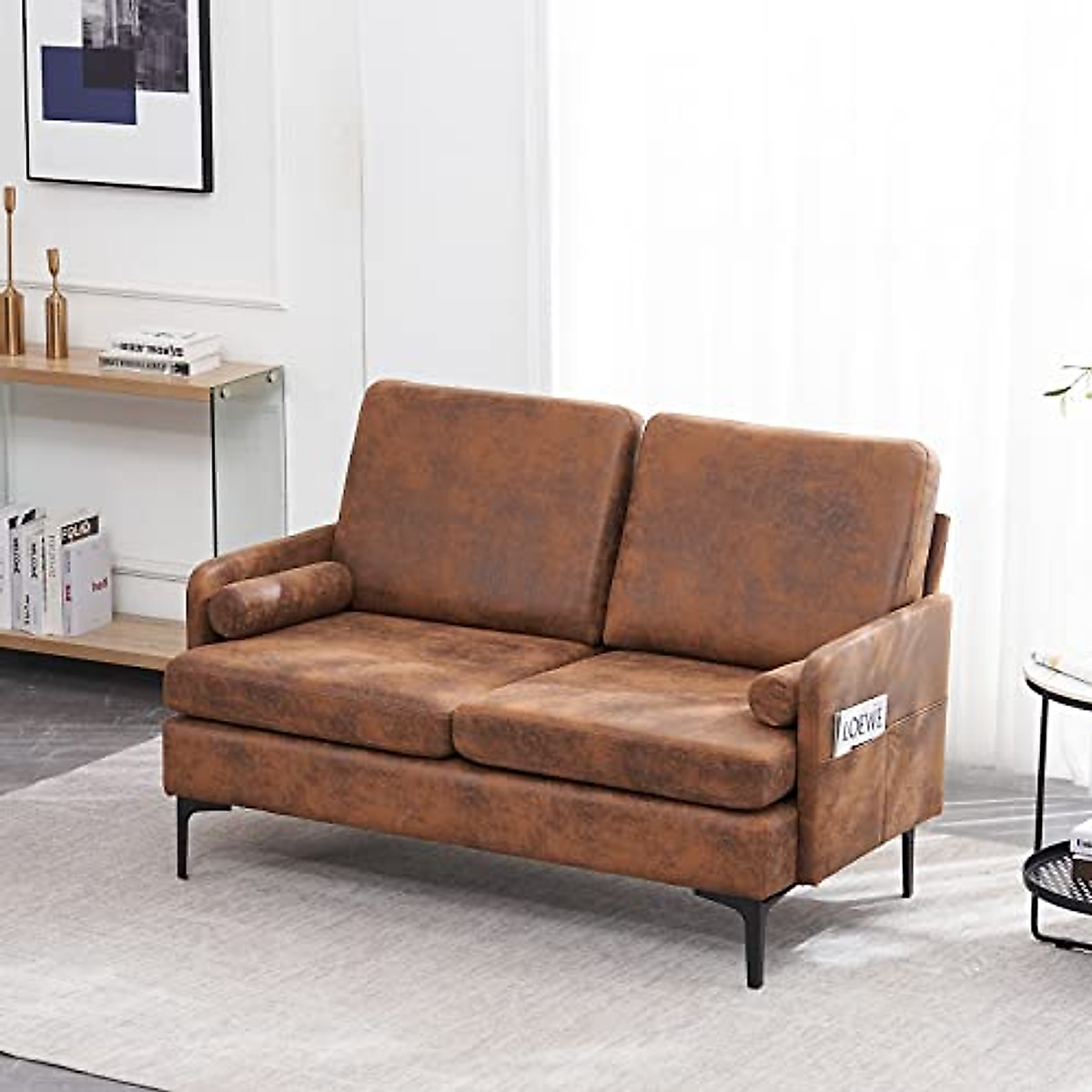 TehRecBT Loveseat Sofa,Upholstered Two-Person Small Couch with Metal Legs,Modern Mid Century Living Room Lounge Chair Two-Seat Sofa for Small Spaces for Living Room, Bedroom (Loveseat,Brown)