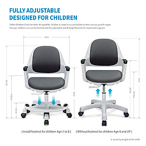 SitRite Ergonomic Kids Desk Chair, Lumbar Support Study Desk Task Chair with Footrest, Height Adjustable Seat, Smooth Rolling Wheels for Student and Children, Cyber Gray