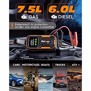 RALXER 1600A Peak 15200mAh Portable Car Jump Starter, Jump Starter Battery Pack (Up to 7.5L Gas or 6.0L Diesel Engine), 12V Battery Jump Starter with Type C-C PD60W (Input/Output) and LED Display