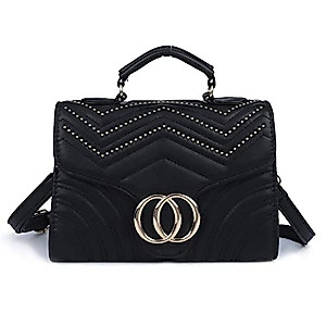 Quilted Crossbody Bags for Women Leather Shoulder Purse with Rivets Vegan Top Handle Satchel Bag lady Black