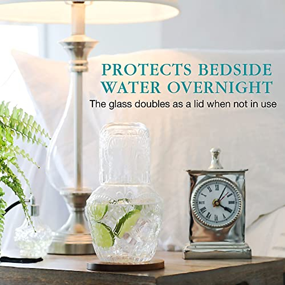Bedside Water Carafe and Glass Set Vintage Nightstand Glass Carafe with cup to keep you hydrated during the night or popular mouthwash decanter or small water carafe.