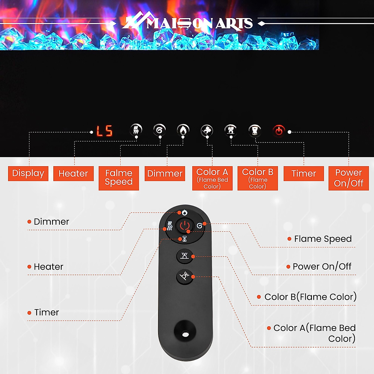 MAISON ARTS 50" Electric Fireplace Indoor Wall Mounted & Recessed Fireplace Heater with Remote Control & Touch Screen,8hrs Timer, Adjustable Flame & Bed Colors and Speed for Bedroom Living Room,1500W