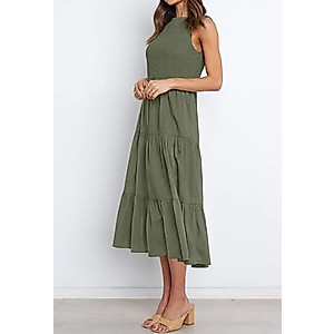 ZESICA Women's Summer Casual Sleeveless Crew Neck Smocked High Waist Flowy Tiered A Line Midi Dress,ArmyGreen,Medium