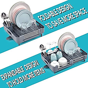 TOOLF Extendable Dish Rack, Dual Part Dish Drainers with Non-Scratch and Movable Cutlery Drainer and Drainage Spout, Adjustable Dish Drying Rack for Kitchen, 1 Piece Grey