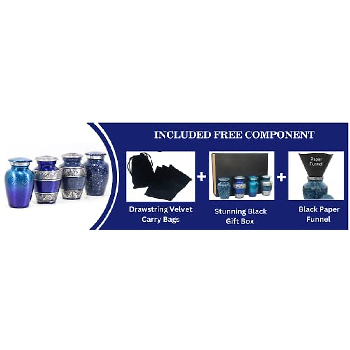 THE ASCENT MEMORIAL Blue Small Urns for Human Ashes Female Male | Set of 4 Premium Mini Keepsake Urns with Four Velvet Bags A Paper Funnel and A Stunning Magnet Closer Gift Box