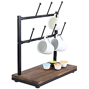 MyGift Rustic Burnt Wood and Black Metal Coffee Mug Holder Rack with 7 Hooks, Tabletop Coffee Bar Accessories Stand