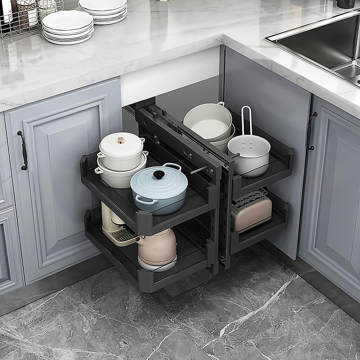 QLYFWLKQ Blind Corner Cabinet Pull Out Organizer, 2 Tier 4 Shelf Chrome Blind Corner Soft Close, Corner Kitchen Cabinet Pull Out Storage Rack Shelf