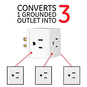 GE 3-Outlet Extender, Grounded Wall Tap, Adapter Spaced, 3-Prong, Multiple Plug, Power Splitter, Cruise Essentials, Use for Home Office School Dorm, UL Listed, White, 58368