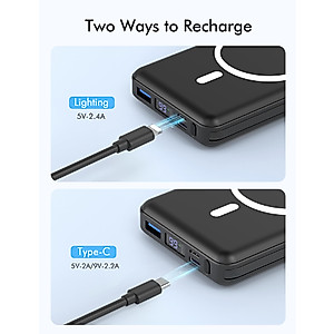 podoru Wireless Portable Charger, 10000mAh Magnetic Power Bank Built-in USB C Lighting Cables 22.5W PD Fast Charging LED Display Mag-Safe Battery Pack for iPhone 15/14/13/12/Mini/Pro/Pro Max - Black