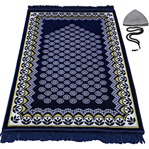 Modefa Turkish Islamic Velvet Prayer Rug - Thin & Lightweight Praying Carpet - Muslim Janamaz Sajadah for Men & Women - Ramadan or Eid Gift - Kufi Cap & Beads - Floral Daisy Arch (Navy Blue)