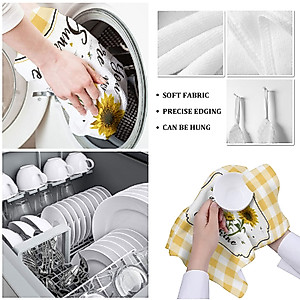 2 Pack Dish Towel for Kitchen,Absorbent Dishes Cloth Spring Sunflowers Farmhouse Bee Soft Hand Towels for Home Cleaning Quick Drying Bathroom Cloths Terry Yellow White Buffalo Check