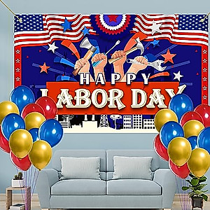 Labor Day Backdrops with 60 pcs Colorful Latex Balloons, Red Happy Labor Day Backdrop Banner Sign Hanging Fabric Photography Background Board Flag Photo Booth Prop Wall （71x44 Inch）-A
